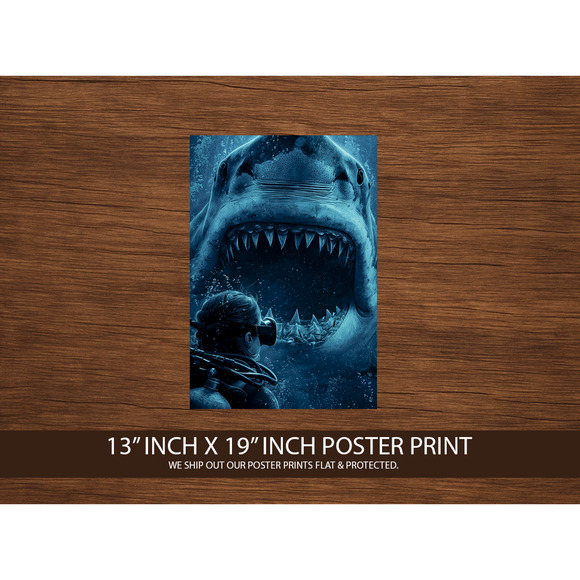 Handmade | Art | Shark Attack Poster Print 3x19 Deep Sea Diver Thriller Art Ocean Predator ...